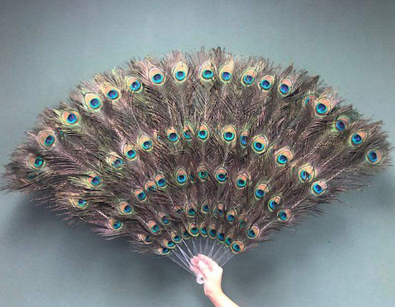 Double faced peacock feather fan with Travel leather Bag | hotfans
